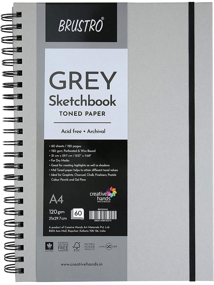 Brustro Toned Paper - Grey Sketchbook, Wiro Bound, Size A4, 120GSM (60 ...